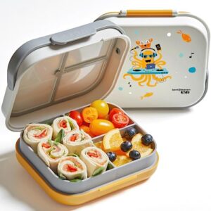 bentoheaven premium bento lunch box for kids, 9 designs, leak-proof 3-4 compartments, divider, ideal size 30oz, microwave/dishwasher safe kids bento box (loncheras para niños/niñas)[orange gray]