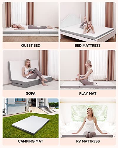 Forias Folding Mattress, Tri-fold Memory Foam Mattress, 4 Inch Foldable Mattress Topper with Washable Cover, Portable Mattress for Floor Guest Bed Camping Full Size 75" L x 54" W x 4" Th