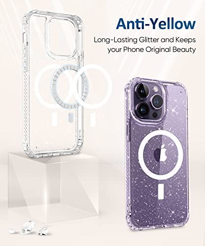 MIODIK Magnetic Glitter Case for iPhone 14 Pro with Screen Protector + Camera Protector, [Compatible with MagSafe] [Non-Yellowing] Shockproof Protective Slim Women Bumper Phone Cover 6.1" (Clear)