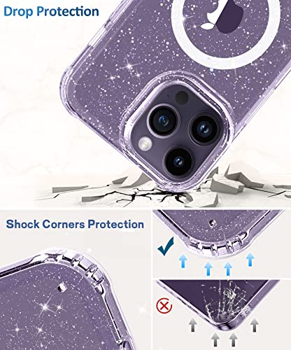 MIODIK Magnetic Glitter Case for iPhone 14 Pro with Screen Protector + Camera Protector, [Compatible with MagSafe] [Non-Yellowing] Shockproof Protective Slim Women Bumper Phone Cover 6.1" (Clear)