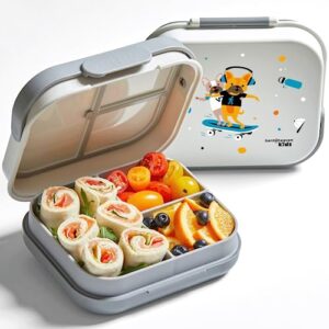 bentoheaven premium bento lunch box for kids, 9 designs, leak-proof 3-4 compartments, divider, ideal size 30oz, microwave/dishwasher safe kids bento box (loncheras para niños/niñas)[sand gray]