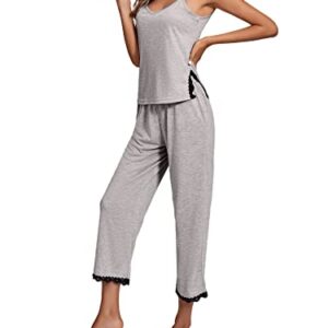 LYANER Women's Pajamas Set V Neck Sleeveless Cami Top with Pants PJ Sets Sleepwear Grey Medium