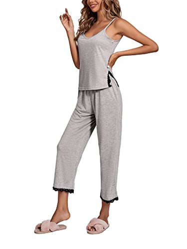 LYANER Women's Pajamas Set V Neck Sleeveless Cami Top with Pants PJ Sets Sleepwear Grey Medium