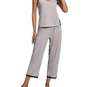 LYANER Women's Pajamas Set V Neck Sleeveless Cami Top with Pants PJ Sets Sleepwear Grey Medium