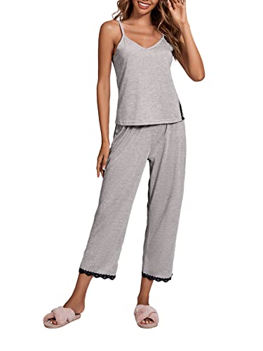 LYANER Women's Pajamas Set V Neck Sleeveless Cami Top with Pants PJ Sets Sleepwear Grey Medium