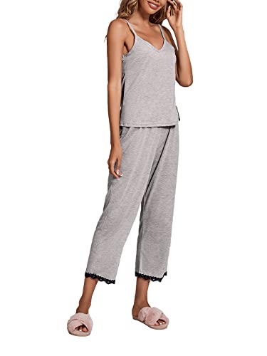 LYANER Women's Pajamas Set V Neck Sleeveless Cami Top with Pants PJ Sets Sleepwear Grey Medium