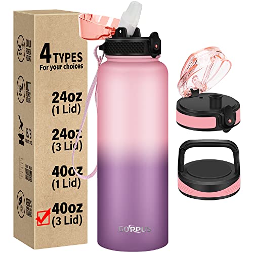 GOPPUS 40 oz Insulated Water Bottle With Straw Stainless Steel Sports Water Cup Flask with 3 Lids (Straw, Spout and Handle Lid) Wide Mouth Resusable Metal Water bottles Keep Hot and Cold for Men Women