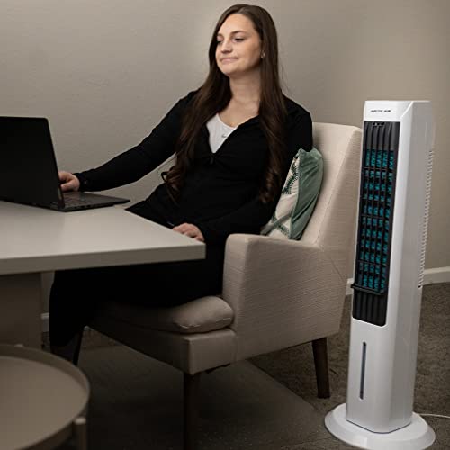 Arctic Air Tower+ Indoor Evaporative Cooler with Oscillating and Quiet Fan Function, Auto-Off Timer, 4 Fan Speeds, LED Night Light, 16-Hour Cooling, Fan for Bedroom, Living Room, Office & More,White