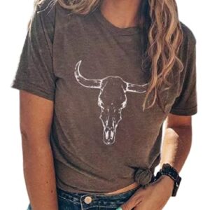 Western Clothes for Women Crewneck Aztec Graphic Loose Fit Summer Tees Tops(Cow,XL)