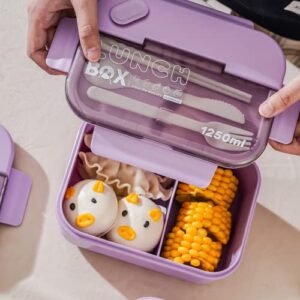 NIOIPXA Bento Box 2 or 3 Compartments, 1250ml/42oz Microwaveable Lunch Box with Tableware (Purple,3 compartments)