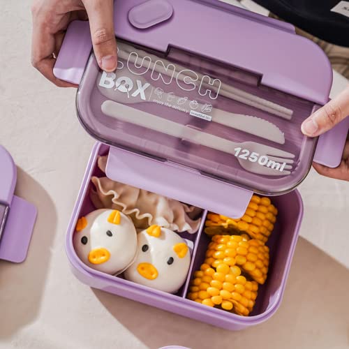 NIOIPXA Bento Box 2 or 3 Compartments, 1250ml/42oz Microwaveable Lunch Box with Tableware (Purple,3 compartments)