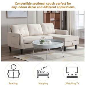 GNIXUU Pull Out Couch, Small Sectional Sleeper Sofa Bed with Storage Chaise, Convertible 3 Seater L Shaped Couch for Living Room, Beige