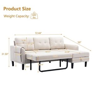 GNIXUU Pull Out Couch, Small Sectional Sleeper Sofa Bed with Storage Chaise, Convertible 3 Seater L Shaped Couch for Living Room, Beige