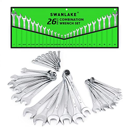 SWANLAKE 26PCS Combination Wrench Set with Roll-up Pouch, wrench set metric and standard, SAE 1/4” - 1” and Metric 8mm - 24mm