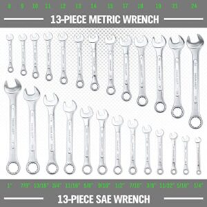 SWANLAKE 26PCS Combination Wrench Set with Roll-up Pouch, wrench set metric and standard, SAE 1/4” - 1” and Metric 8mm - 24mm