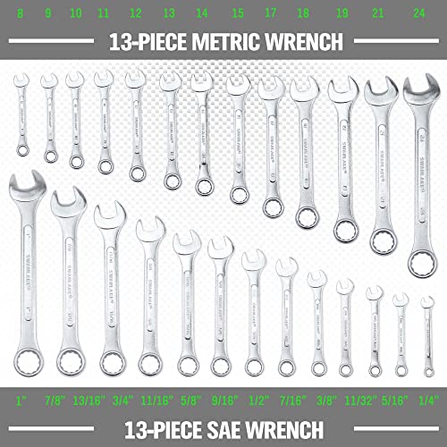 SWANLAKE 26PCS Combination Wrench Set with Roll-up Pouch, wrench set metric and standard, SAE 1/4” - 1” and Metric 8mm - 24mm