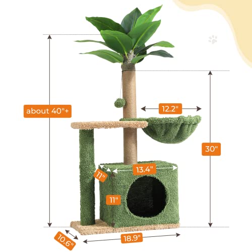 MSmask Cat Tree with Square Condo, Artificial Palm Tree Cat Tower with Sisal Scratching Post, Hammock, Plush Platform, Climbing Nature Cat Tree for Indoor Cats