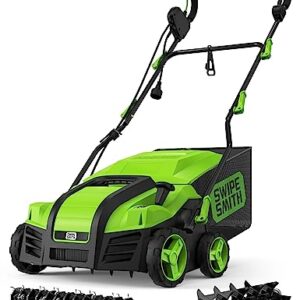 (2023 Upgraded) SWIPESMITH 16” 15 Amp Electric Dethatcher Scarifier, Lawn Dethatcher with 5-Position Depth Adjustment, 14.5 Gal Removable Thatch Collection Bag, Quick-Fold, Keeps Lawn Health