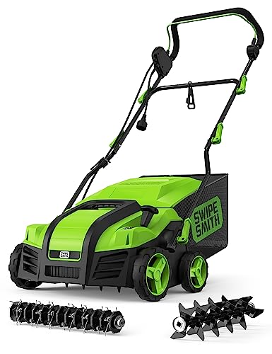 (2023 Upgraded) SWIPESMITH 16” 15 Amp Electric Dethatcher Scarifier, Lawn Dethatcher with 5-Position Depth Adjustment, 14.5 Gal Removable Thatch Collection Bag, Quick-Fold, Keeps Lawn Health