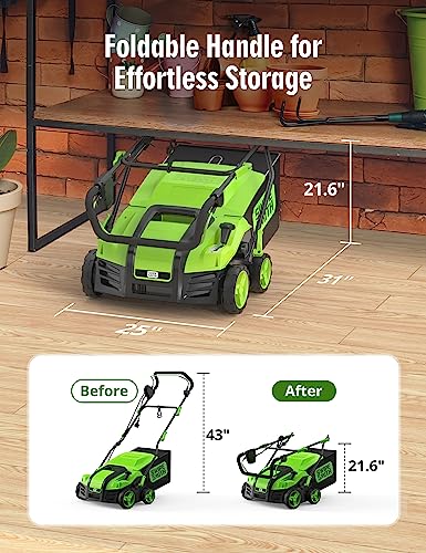 (2023 Upgraded) SWIPESMITH 16” 15 Amp Electric Dethatcher Scarifier, Lawn Dethatcher with 5-Position Depth Adjustment, 14.5 Gal Removable Thatch Collection Bag, Quick-Fold, Keeps Lawn Health