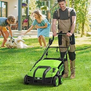 (2023 Upgraded) SWIPESMITH 16” 15 Amp Electric Dethatcher Scarifier, Lawn Dethatcher with 5-Position Depth Adjustment, 14.5 Gal Removable Thatch Collection Bag, Quick-Fold, Keeps Lawn Health