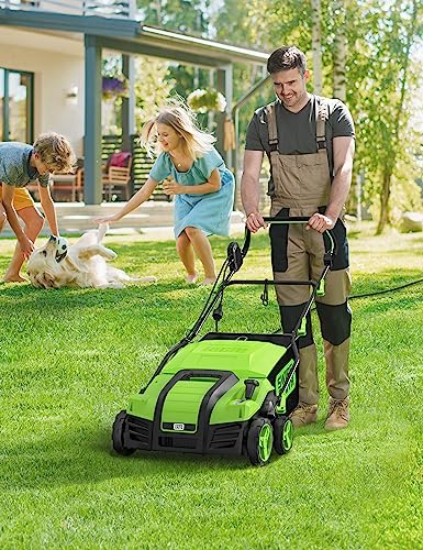 (2023 Upgraded) SWIPESMITH 16” 15 Amp Electric Dethatcher Scarifier, Lawn Dethatcher with 5-Position Depth Adjustment, 14.5 Gal Removable Thatch Collection Bag, Quick-Fold, Keeps Lawn Health