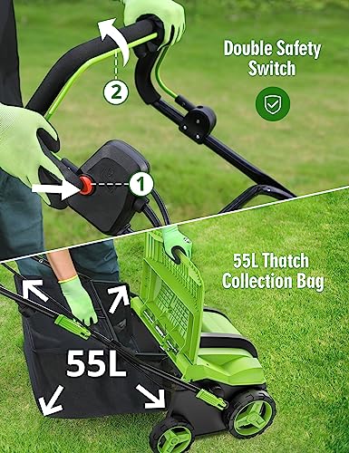 (2023 Upgraded) SWIPESMITH 16” 15 Amp Electric Dethatcher Scarifier, Lawn Dethatcher with 5-Position Depth Adjustment, 14.5 Gal Removable Thatch Collection Bag, Quick-Fold, Keeps Lawn Health