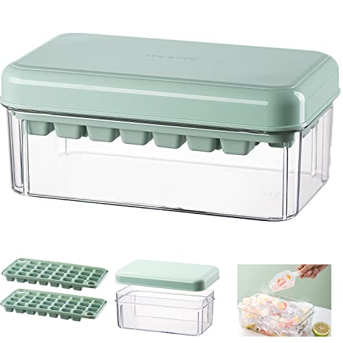 Ice Cube Tray With Lid and Bid, Ice Trays for Freezer Easy Release Ice Cube Mold with 2 Trays 1 Ice Bucket & Scoop Making 60 Pcs 0.7in Ice Cubes Chilling Cocktail Whiskey Tea Coffee (Green)