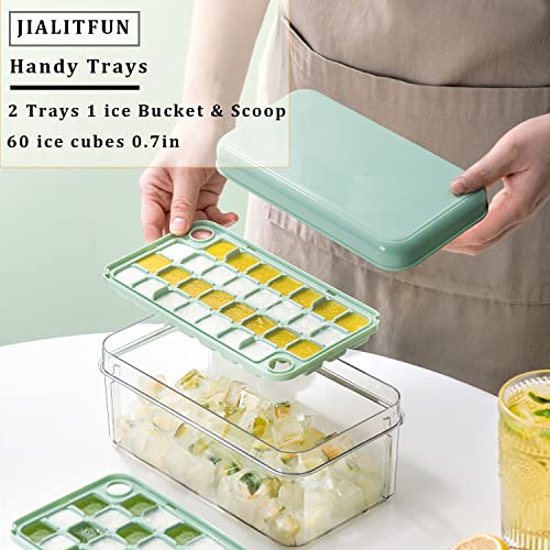 Ice Cube Tray With Lid and Bid, Ice Trays for Freezer Easy Release Ice Cube Mold with 2 Trays 1 Ice Bucket & Scoop Making 60 Pcs 0.7in Ice Cubes Chilling Cocktail Whiskey Tea Coffee (Green)