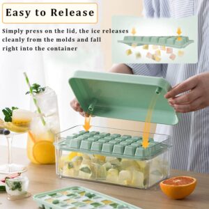 Ice Cube Tray With Lid and Bid, Ice Trays for Freezer Easy Release Ice Cube Mold with 2 Trays 1 Ice Bucket & Scoop Making 60 Pcs 0.7in Ice Cubes Chilling Cocktail Whiskey Tea Coffee (Green)