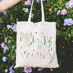 Haukea Flowers Canvas Tote Bag Aesthetic for Women Cute Wildflower Botanical Tote Bags with Pockets Reusable Book Tote Shopping Bags