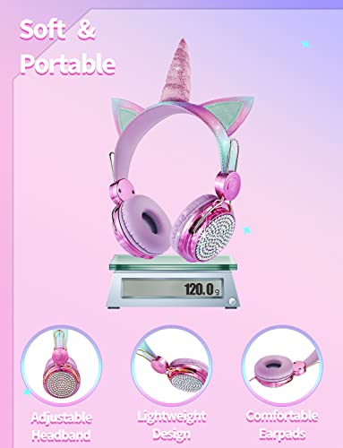 charlxee 𝟐𝟎𝟐𝟑 𝐍𝐞𝐰 Kids Unicorns Headphones with Mic for School/Travel,85dB Volume Limited,Shareport,Unicorns Gifts for Girls,On/Over Ear HD Stereo Wired Headsets with Nylon Cable-Hot Pink