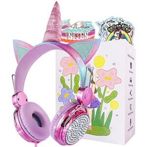 charlxee 𝟐𝟎𝟐𝟑 𝐍𝐞𝐰 kids unicorns headphones with mic for school/travel,85db volume limited,shareport,unicorns gifts for girls,on/over ear hd stereo wired headsets with nylon cable-hot pink