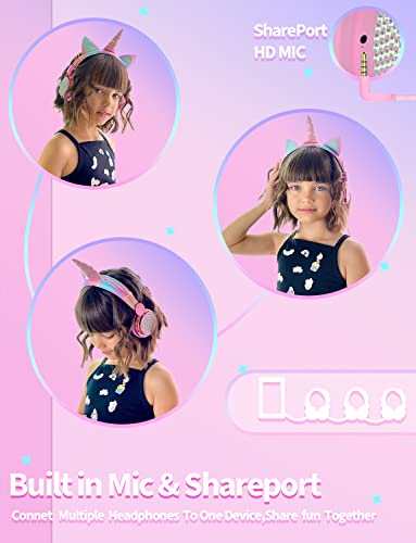 charlxee 𝟐𝟎𝟐𝟑 𝐍𝐞𝐰 Kids Unicorns Headphones with Mic for School/Travel,85dB Volume Limited,Shareport,Unicorns Gifts for Girls,On/Over Ear HD Stereo Wired Headsets with Nylon Cable-Hot Pink