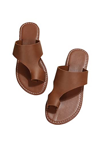 GORGLITTER Open Toe Flat Sandals Single Band Toe Ring Thong Sandals Flip Flops Brown EUR38