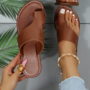 GORGLITTER Open Toe Flat Sandals Single Band Toe Ring Thong Sandals Flip Flops Brown EUR38