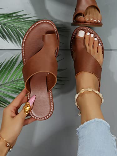 GORGLITTER Open Toe Flat Sandals Single Band Toe Ring Thong Sandals Flip Flops Brown EUR38