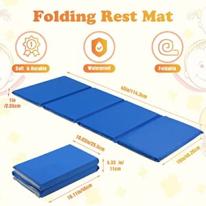 Geelin 6 Pack Folding Rest Mat Toddler Nap Mat Upgraded Folding Exercise Mat 1 Inch Thick Gymnastics Mat 4 Section Classroom Sleeping Mat for Yoga School Daycare Travel and Home (Blue, Grey)