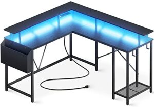 praisun l shaped computer desk with power outlets & led lights, corner gaming desk with fabric storage bag, monitor shelves, home office desk with hooks, host shelf, l shape gaming desk, black