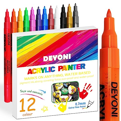 DEYONI 12 Colors Acrylic Paint pens for kid 0.7mm,Extra Fine Paint Pens Acrylic Markers Canvas, Rock Painting, Wood, Fabric, Ceramic, Stone, Metal,art supplies