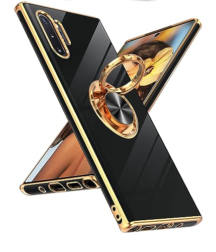 LeYi for Samsung Galaxy Note 10 Plus Case 360° Rotatable Ring Holder Magnetic Kickstand, Plating Rose Gold Edge Protective Case, Black