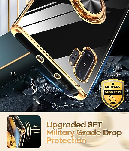 LeYi for Samsung Galaxy Note 10 Plus Case 360° Rotatable Ring Holder Magnetic Kickstand, Plating Rose Gold Edge Protective Case, Black