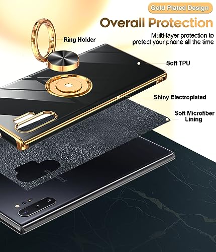 LeYi for Samsung Galaxy Note 10 Plus Case 360° Rotatable Ring Holder Magnetic Kickstand, Plating Rose Gold Edge Protective Case, Black