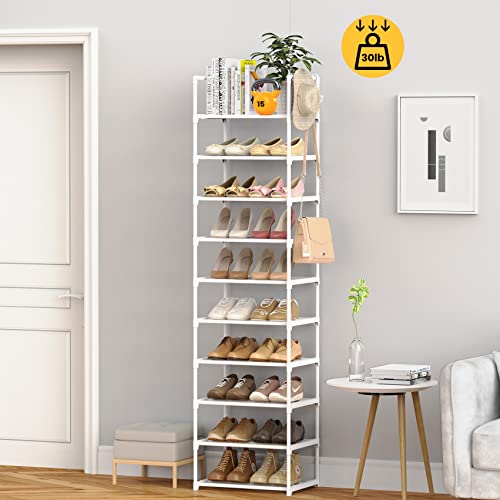 WEXCISE Metal Shoe Rack Organizer 10 Tiers Tall Shoe Rack 20-24 Pairs Narrow Shoe Racks for Closets Entryway Vertical Shoe and Boots Organizer Storage Sturdy White Shoe Shelf Shoe Cabinet