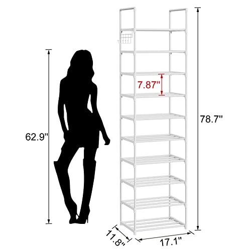 WEXCISE Metal Shoe Rack Organizer 10 Tiers Tall Shoe Rack 20-24 Pairs Narrow Shoe Racks for Closets Entryway Vertical Shoe and Boots Organizer Storage Sturdy White Shoe Shelf Shoe Cabinet