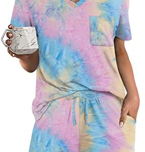 RUBZOOF Pajama Sets for Women Tie-dye Casual Soft Short Sleeve Summer Lounge Sets Sleepwear Tie-dye-B M