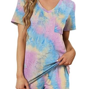 RUBZOOF Pajama Sets for Women Tie-dye Casual Soft Short Sleeve Summer Lounge Sets Sleepwear Tie-dye-B M