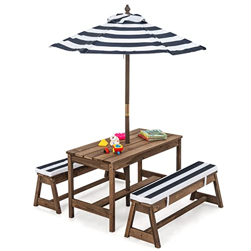 HONEY JOY Kids Picnic Table, Outdoor Wooden Table & Bench Set w/Removable Cushions and Umbrella, Stripe Fabric, Children Backyard Furniture for Patio Garden, Gift for Toddler Boys Girls Age 3+(Blue)