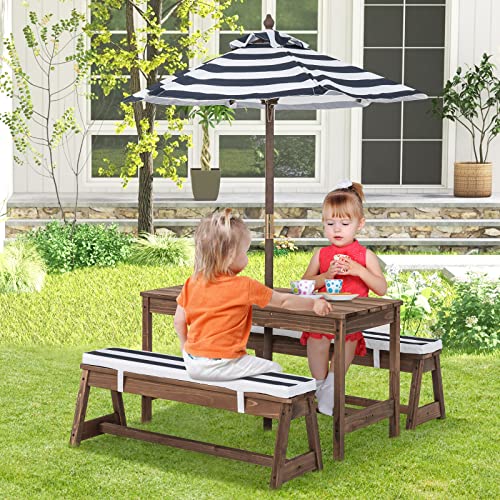 HONEY JOY Kids Picnic Table, Outdoor Wooden Table & Bench Set w/Removable Cushions and Umbrella, Stripe Fabric, Children Backyard Furniture for Patio Garden, Gift for Toddler Boys Girls Age 3+(Blue)