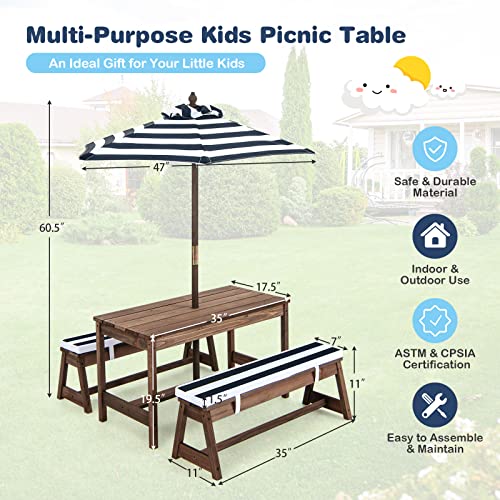 HONEY JOY Kids Picnic Table, Outdoor Wooden Table & Bench Set w/Removable Cushions and Umbrella, Stripe Fabric, Children Backyard Furniture for Patio Garden, Gift for Toddler Boys Girls Age 3+(Blue)